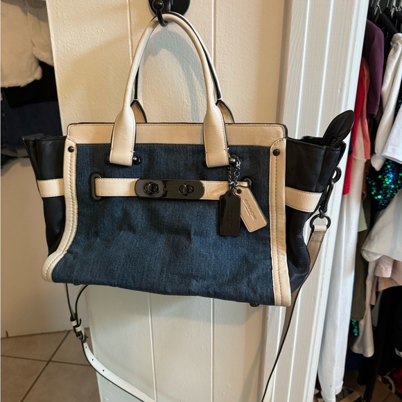 Coach | Bags | Coach Swagger Blue Denim Blackcream Leather ...